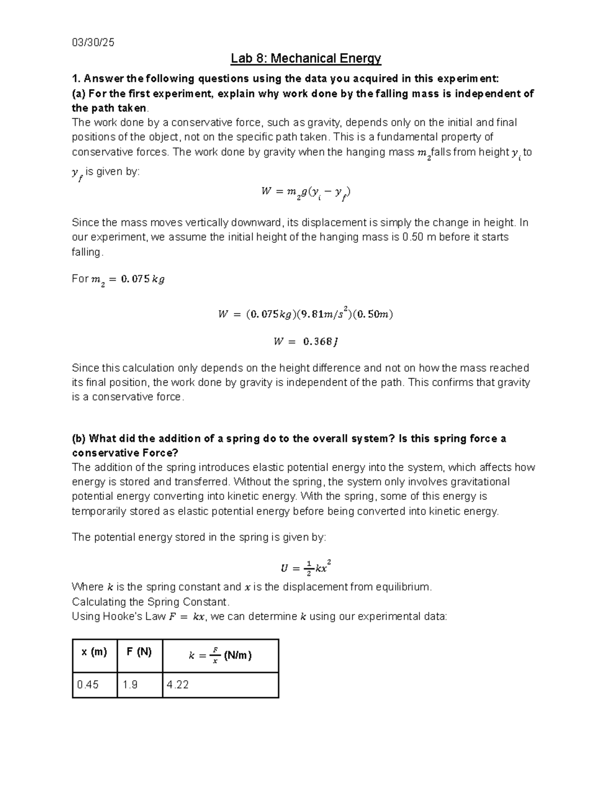 Lab 8 Mechanical Energy PHYS 123 - Lab 8: Mechanical Energy Answer the ...