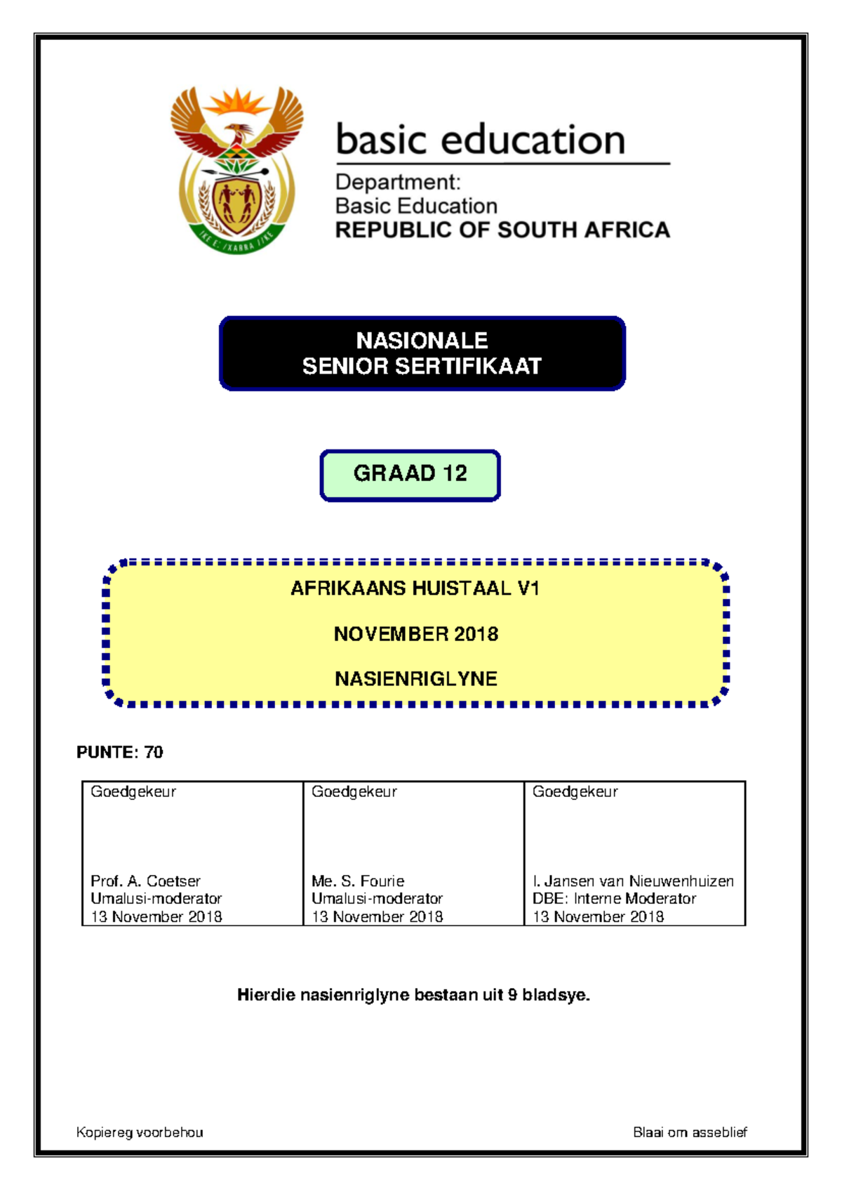 GRAAD 12 AFRIKAANS HUISTAAL V1 NOVEMBER 2018 NASIENRIGLYNE - Studocu