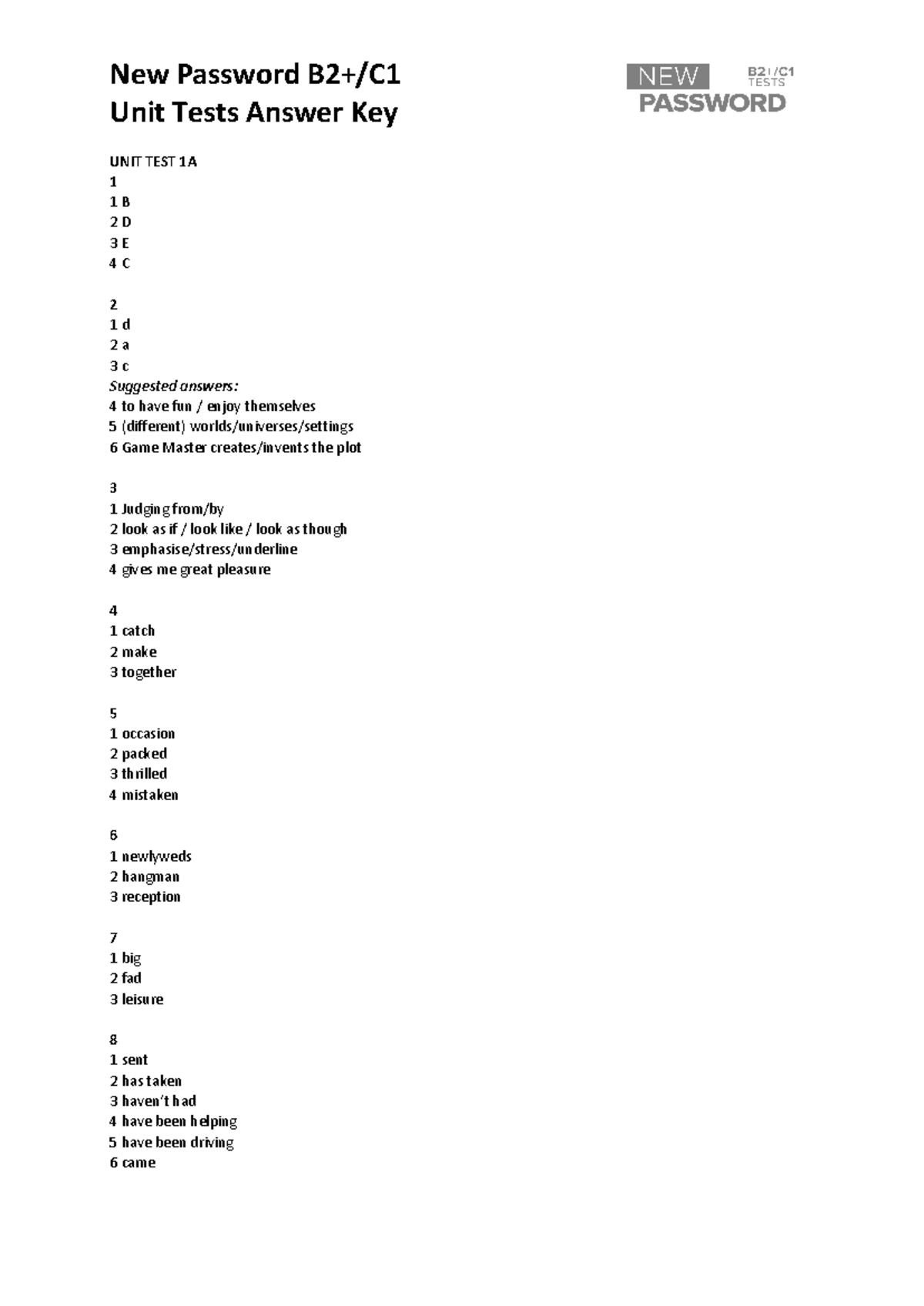 New Password B2 C1 Unit Test Answer Key - Studocu