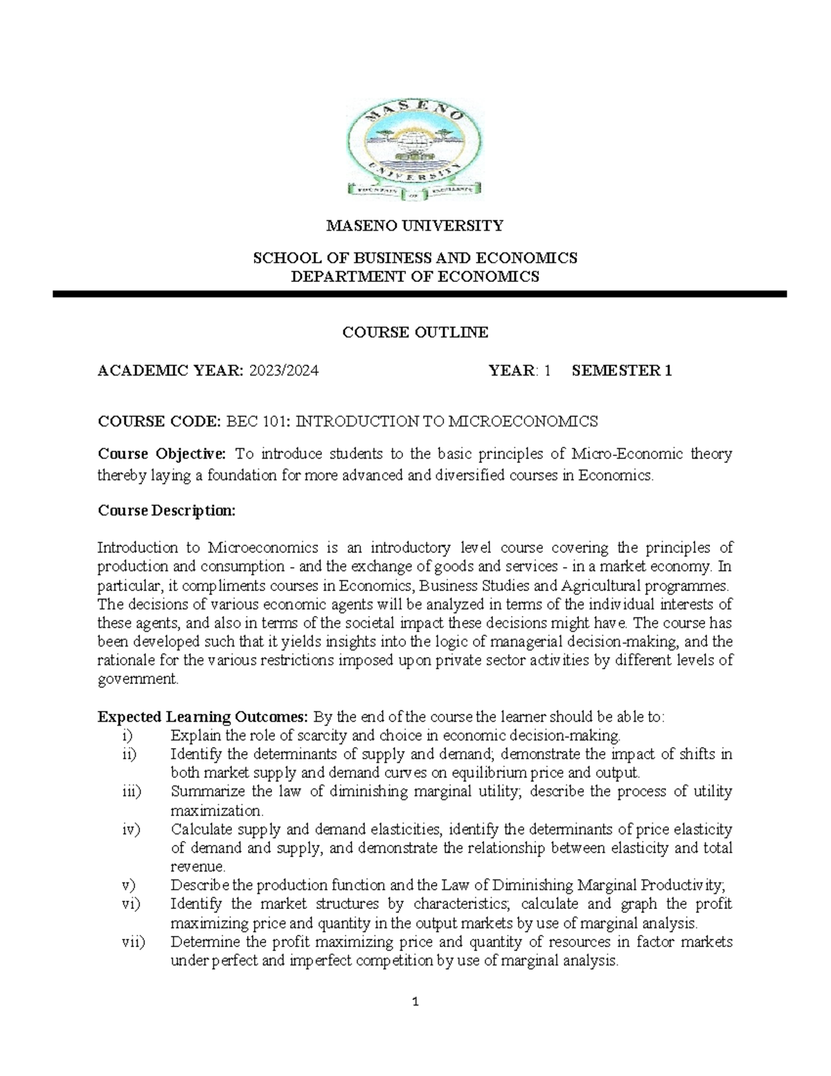 BEC 101: Introduction to Microeconomics Course Outline 2023-2024 - Studocu