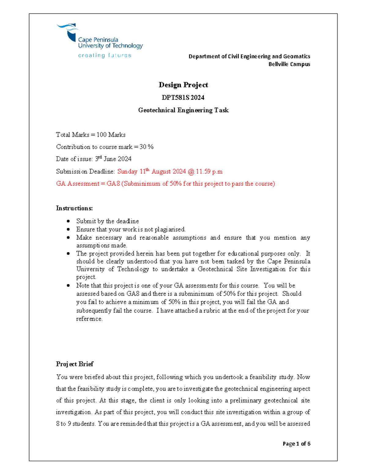 Design Project 2024 - Geotech Brief - Bellville Campus Design Project DPT581S 2024 Geotechnical ...