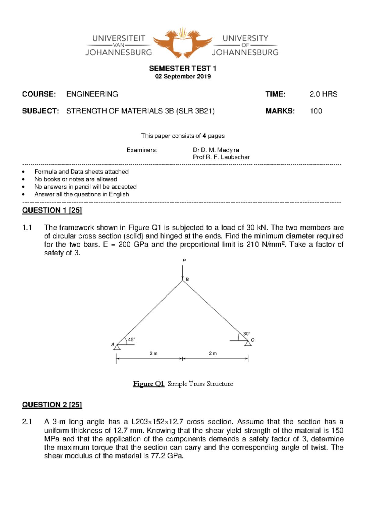 Strength of Materials 3B (SLR 3B21) Semester Test 1 - 2019 - Studocu