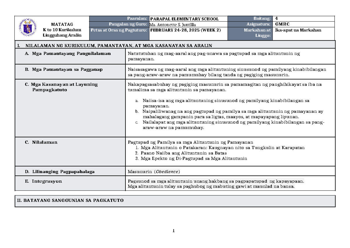 GMRC 4 Learner's Guide Q4 W2 - Pagsunod sa mga Alituntunin at Batas ...