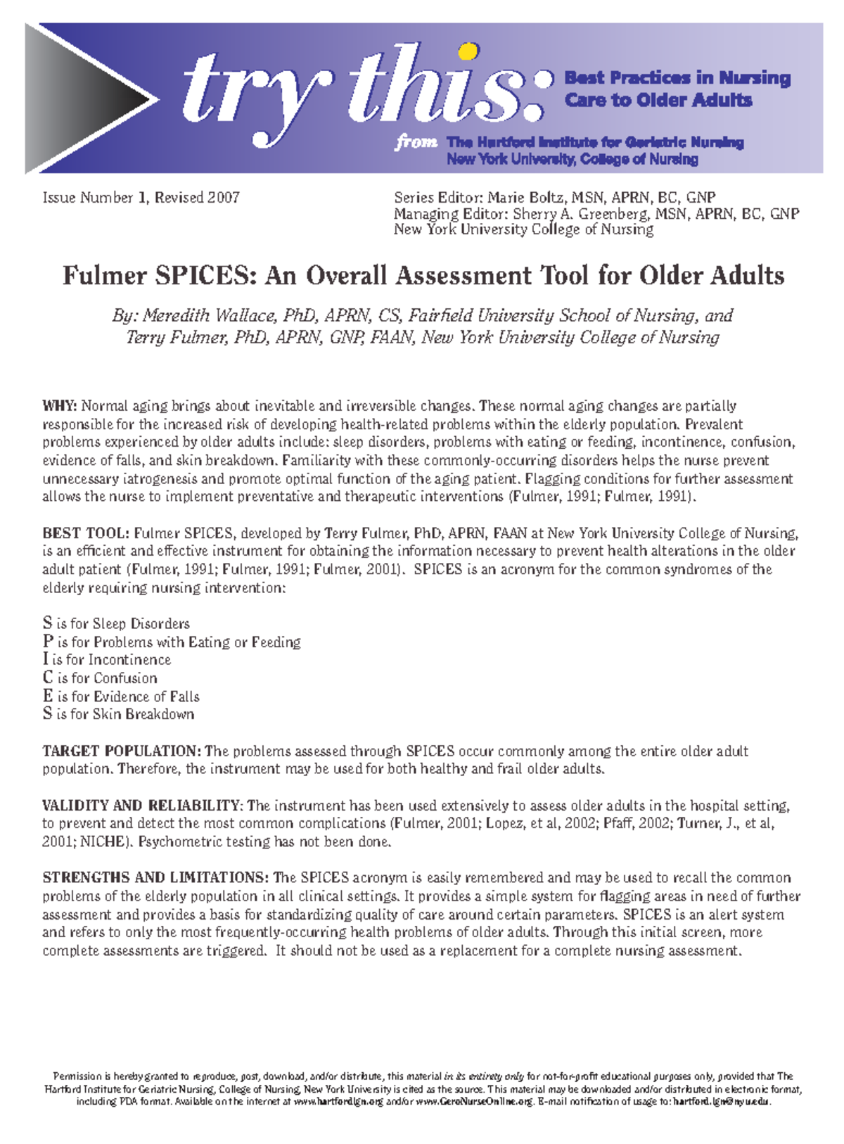 Fulmer SPICES Assessment Tool for Older Adults - Gero Nursing Notes ...