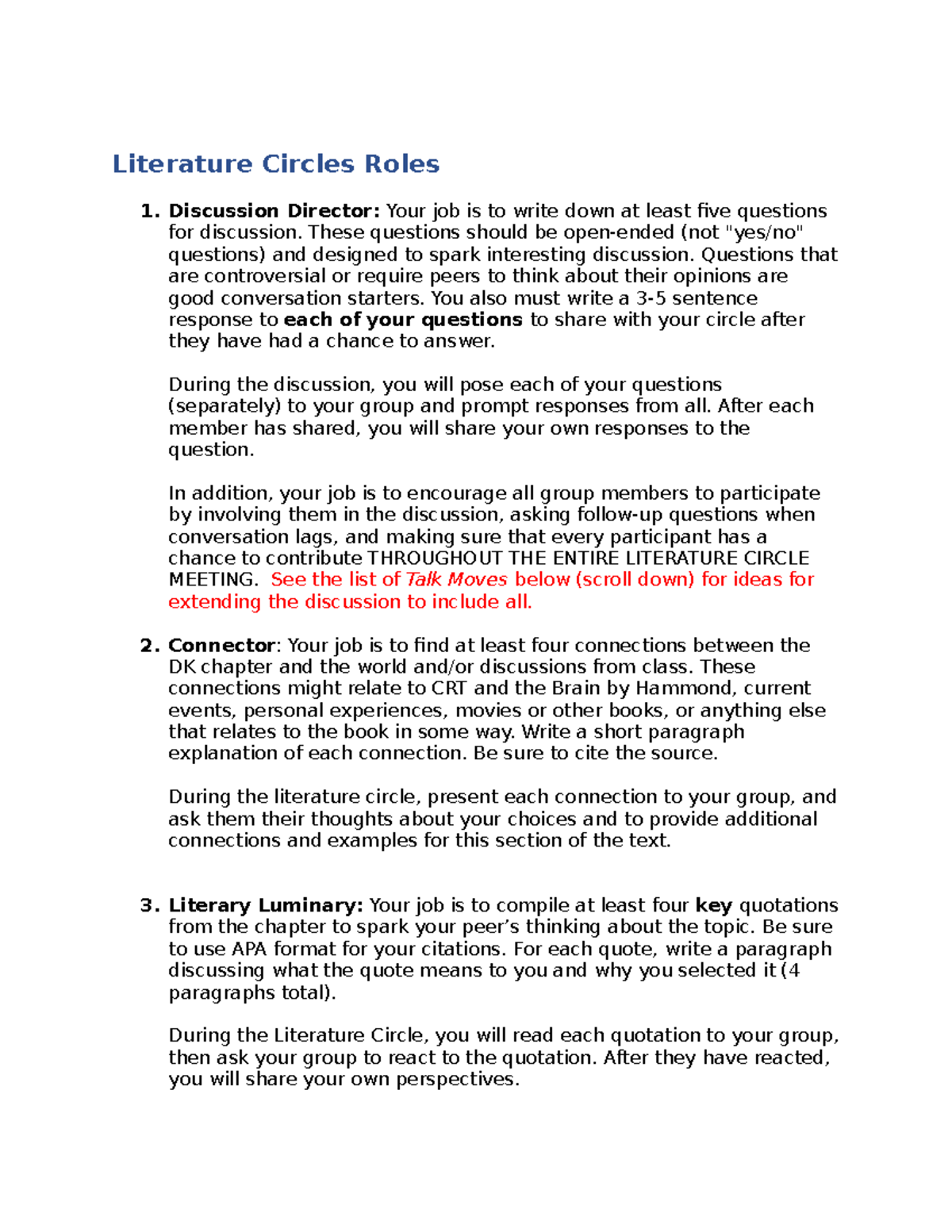 Lit Circle Roles - Key Responsibilities and Discussion Prompts - Studocu