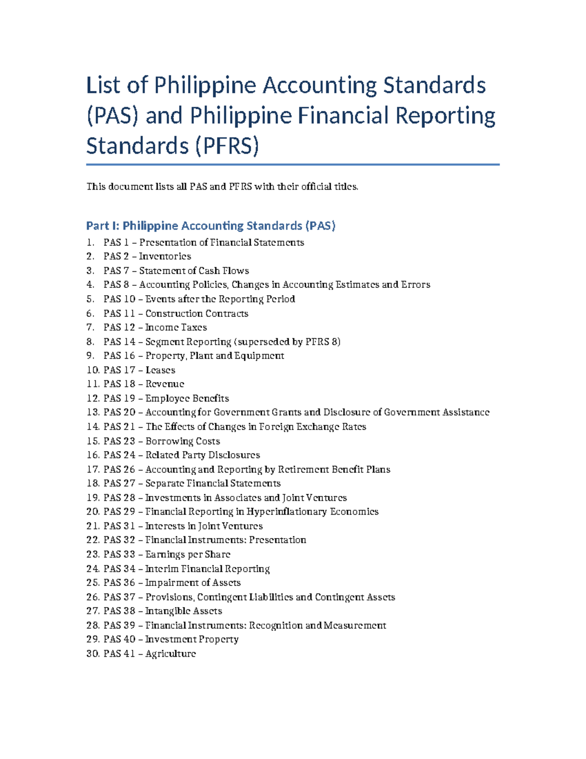 Acctg - Comprehensive List of PAS & PFRS Standards - Studocu