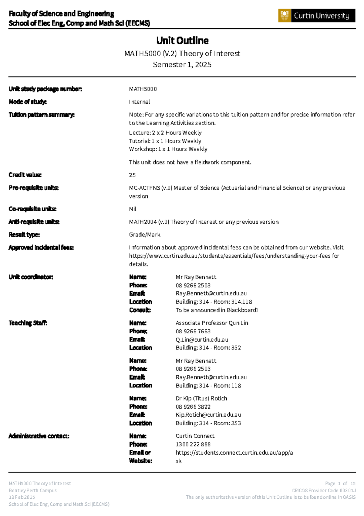MATH5000 Theory of Interest Unit Outline - Semester 1, 2025 - Studocu
