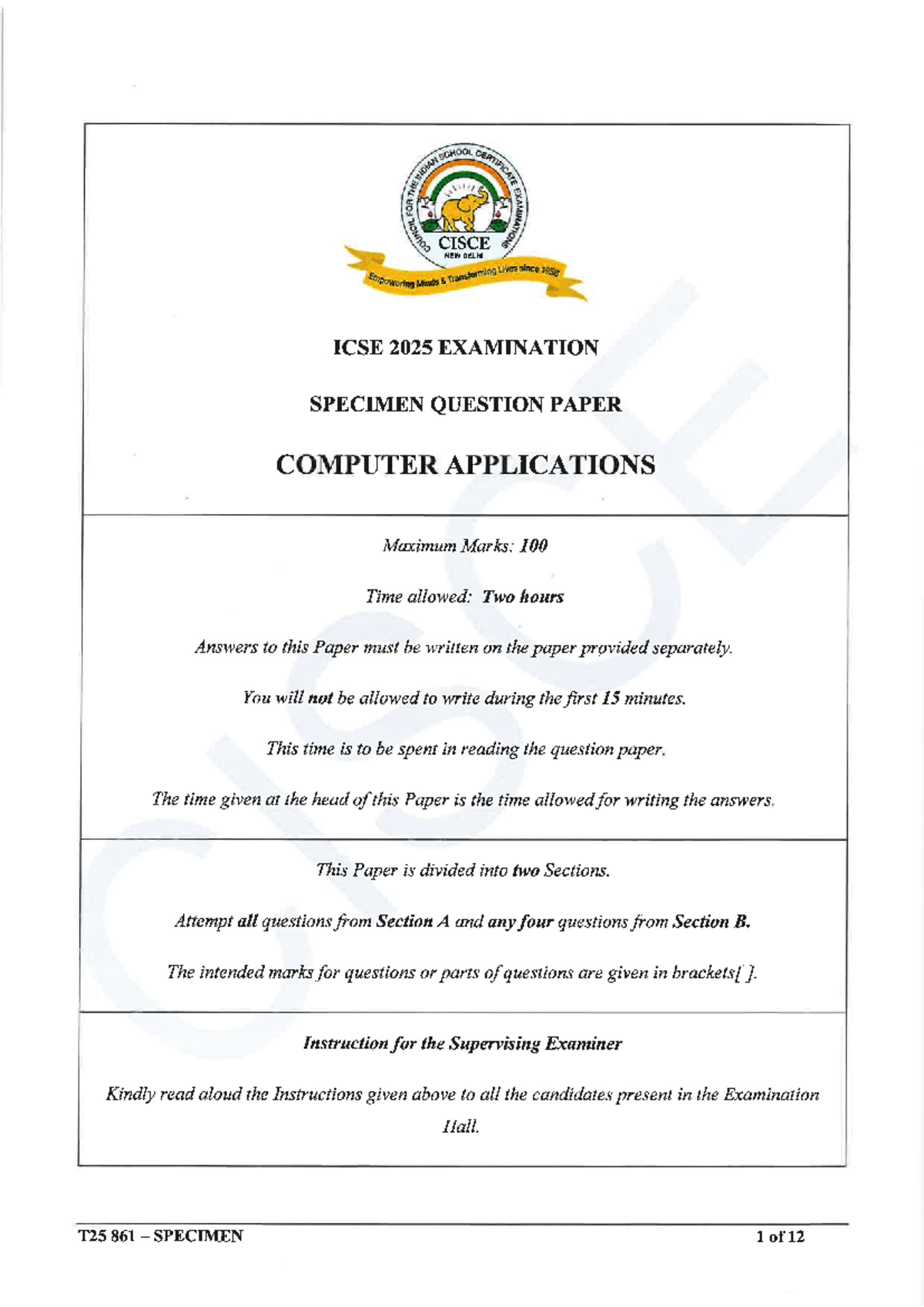 ICSE 2025 Specimen Question Paper for Computer Applications T25 861 ...
