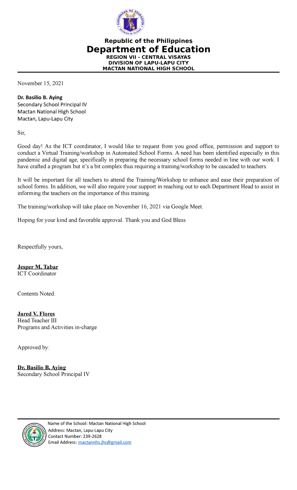 Letter of Request for Training Workshop - MNNHS - ICT Dept - Studocu