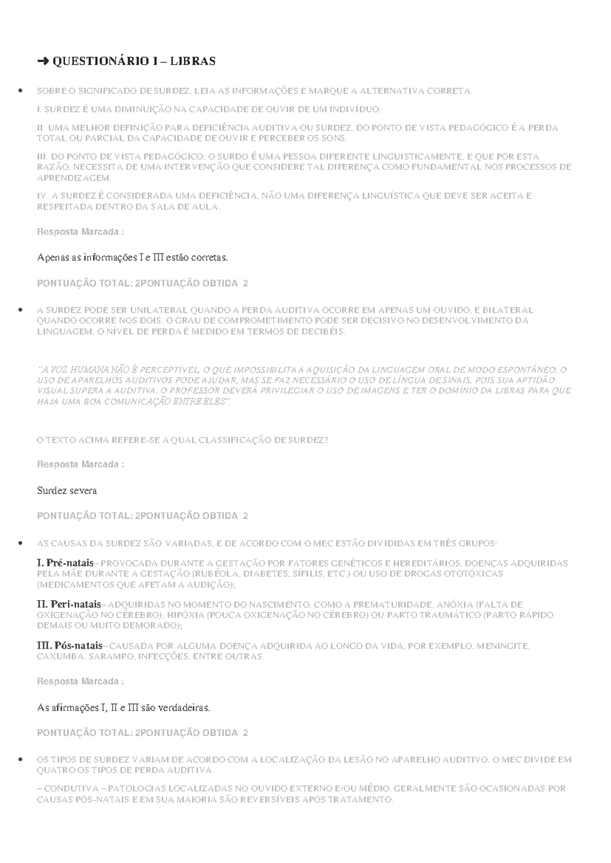 Questionário I Libras - Questionário - QUESTIONÁRIO I – LIBRAS SOBRE O SIGNIFICADO DE SURDEZ ...