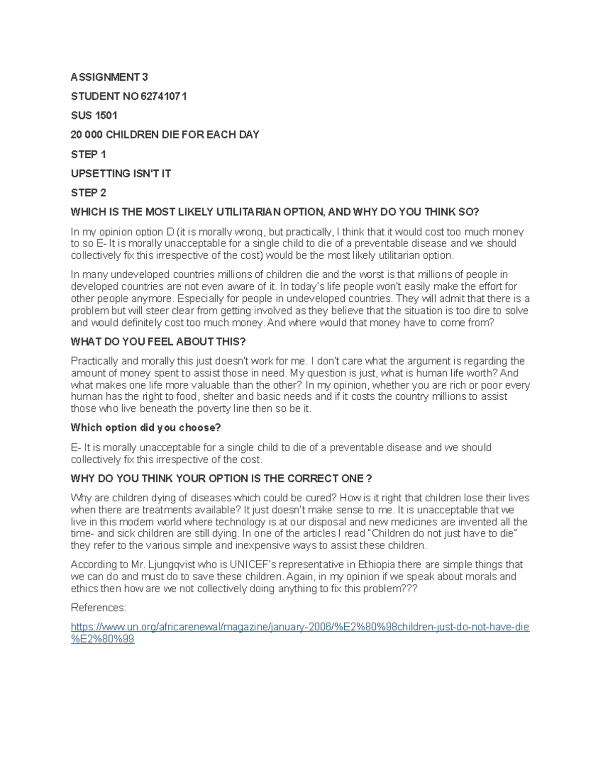 Assignment 3 - ASSIGNMENT 3 STUDENT NO 62741071 SUS 1501 20 000 ...