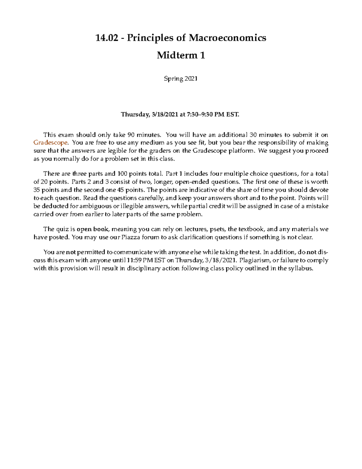 Midterm Exam 1: Macroeconomics (Principles) - Spring 2021 - Studocu