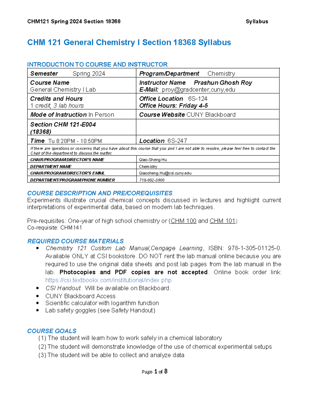 CHM 121 General Chemistry I Lab Syllabus Spring 2024 Section 18368 ...