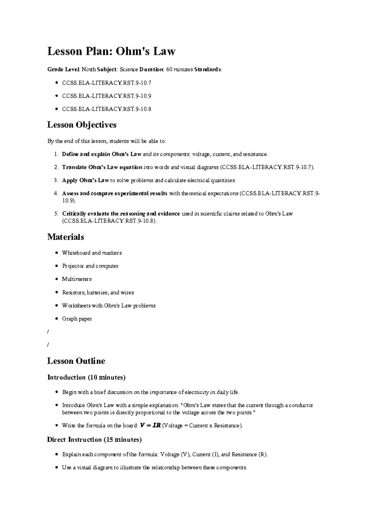 Lesson Plan: Understanding Ohm's Law - Science 9th Grade - Studocu