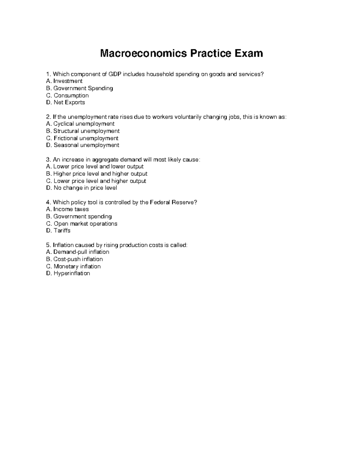 Macroeconomics Practice Exam 1: Key Concepts and Questions - Studocu