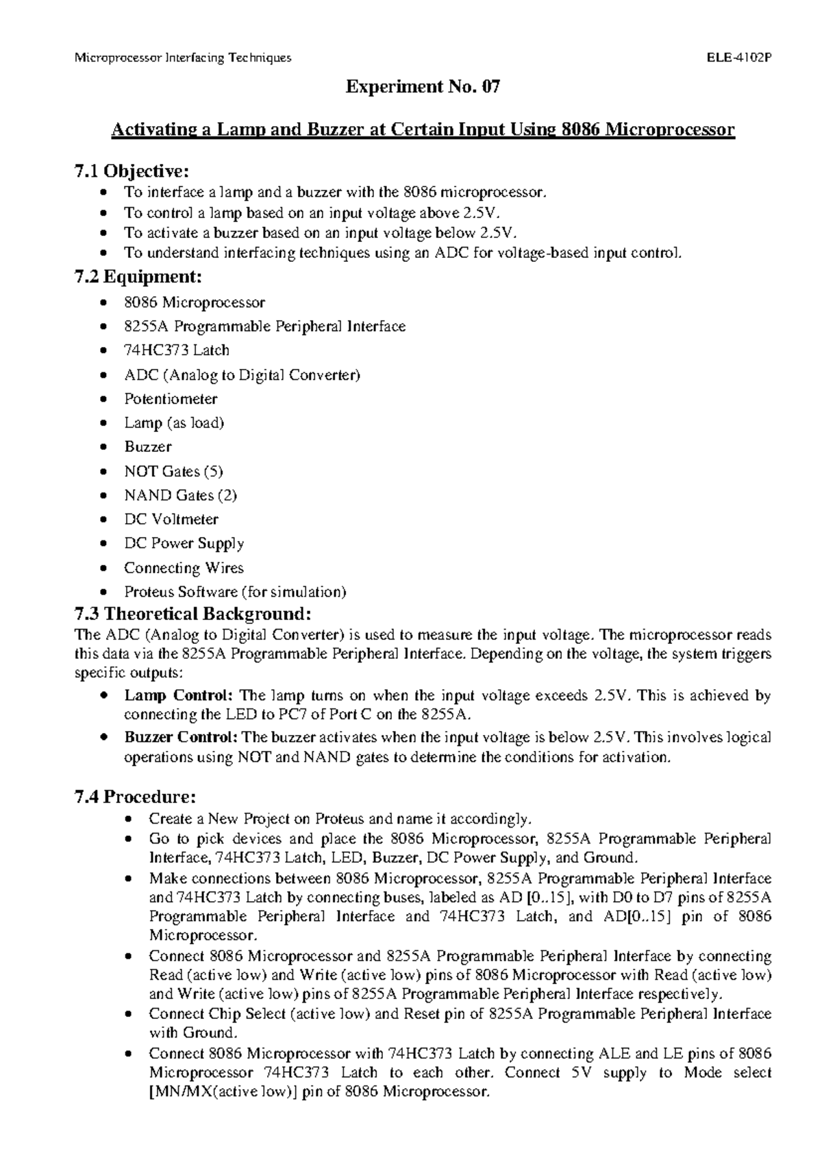 Experiment 07: Interfacing Lamp & Buzzer with 8086 Microprocessor ELE ...
