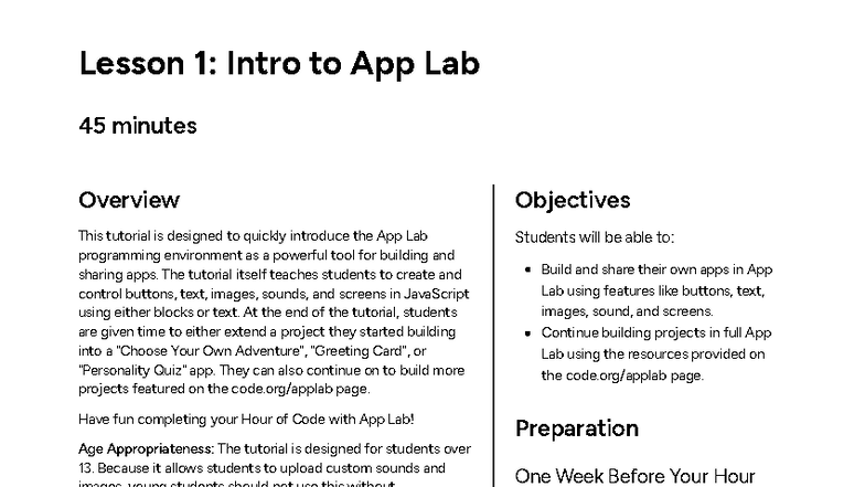 Lesson 1: Intro to App Lab - Programming Basics and Objectives - Studocu