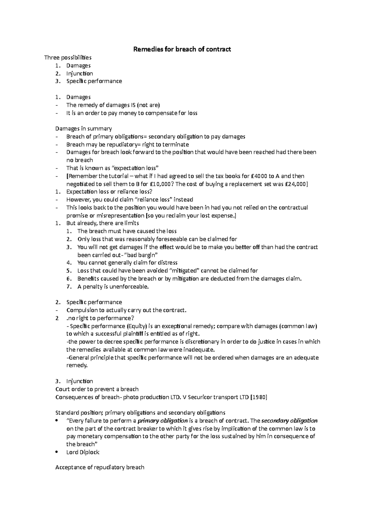 Contract law (remedies for breach of contract) - Remedies for breach of ...