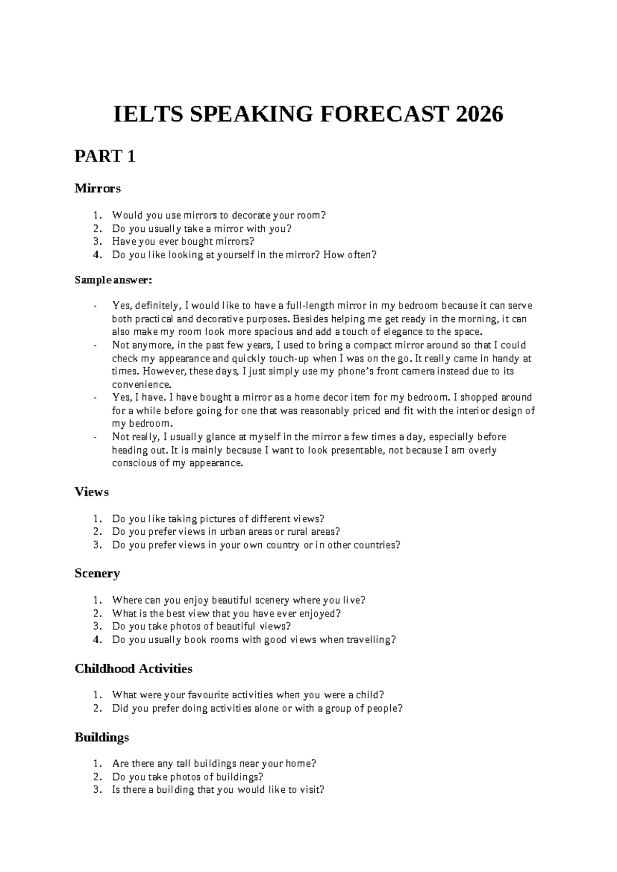 IELTS Speaking Forecast 2026: Part 1 Sample Questions and Answers - Studocu