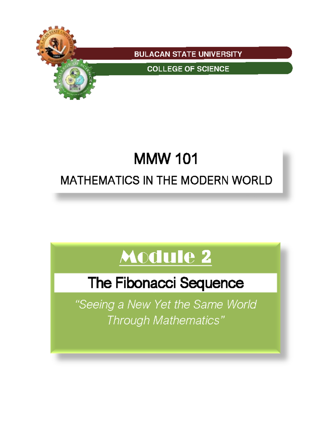 Module 2 - The Fibonacci Sequence - MMW 101 MATHEMATICS IN THE MODERN WORLD Module 2 The ...