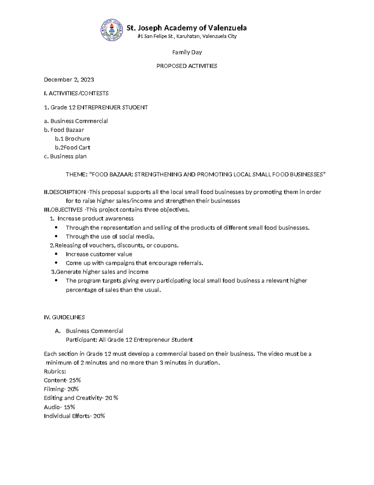 Proposal for Food Bazaar Activity - Grade 12 Entrepr 2023 - Studocu