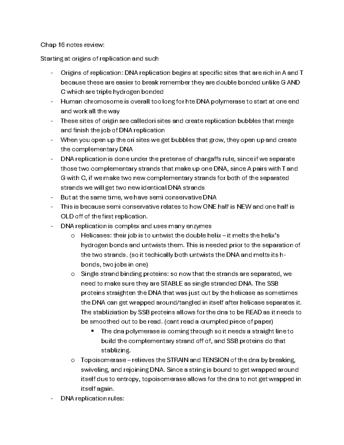 Bio 101: Chapter 16 Notes Review on DNA Replication Processes - Studocu
