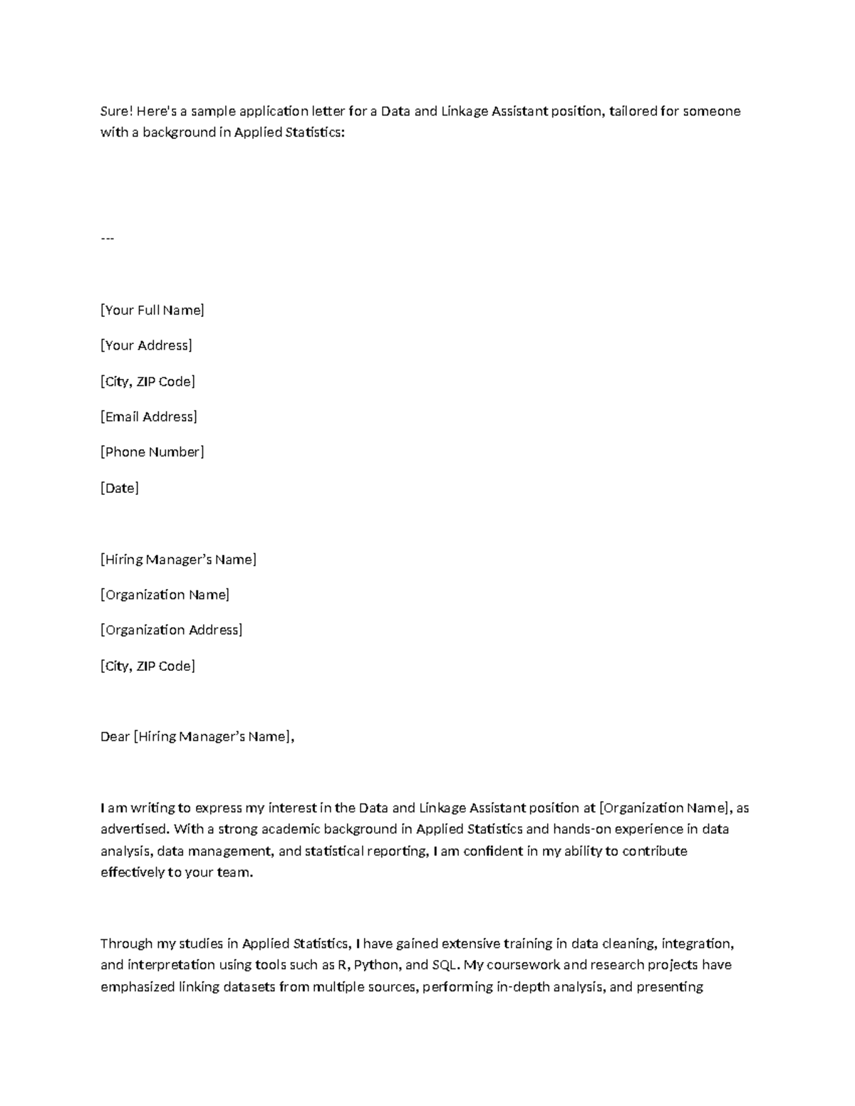 Application Letter for Data and Linkage Assistant Position - Studocu