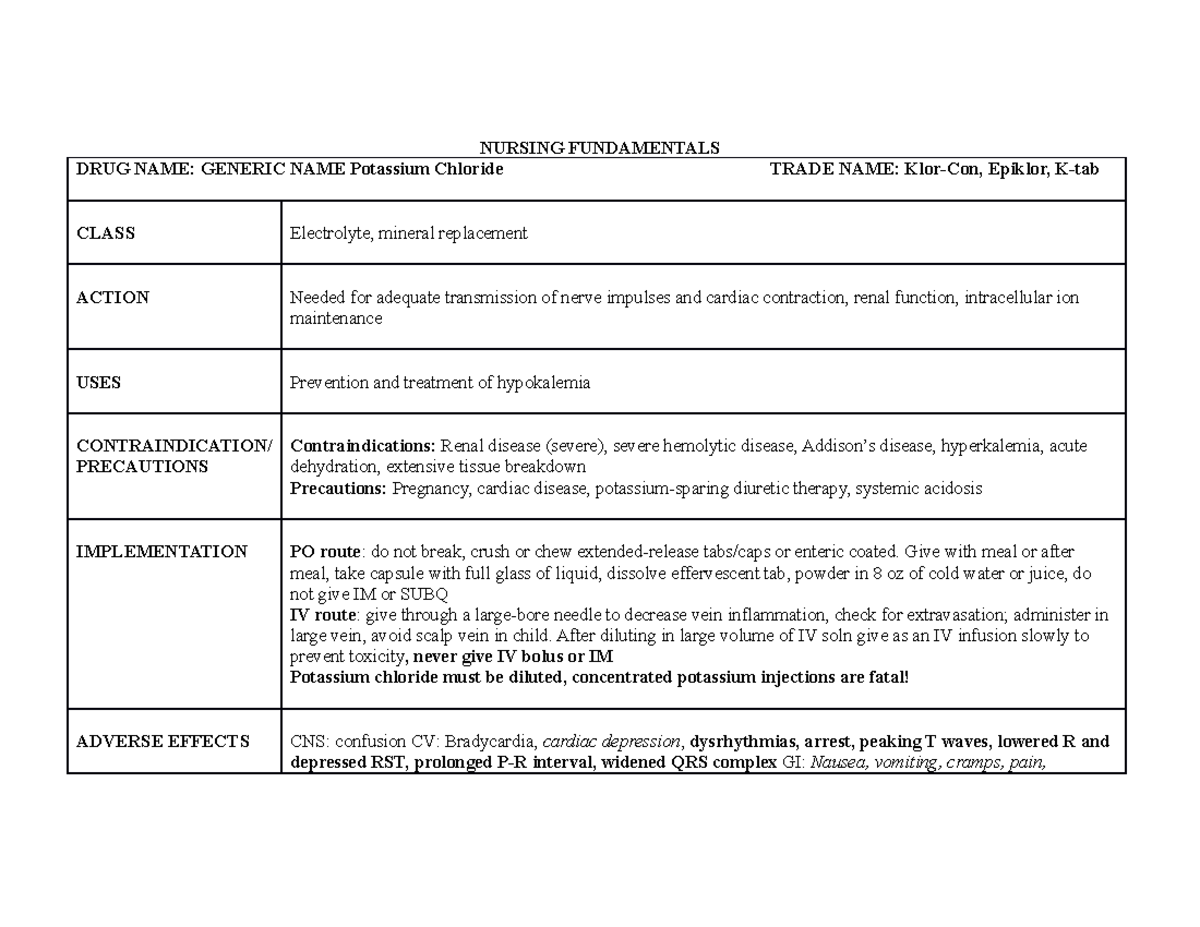 Potassium Ch Drug Card - drug guide - NURSING FUNDAMENTALS DRUG NAME ...