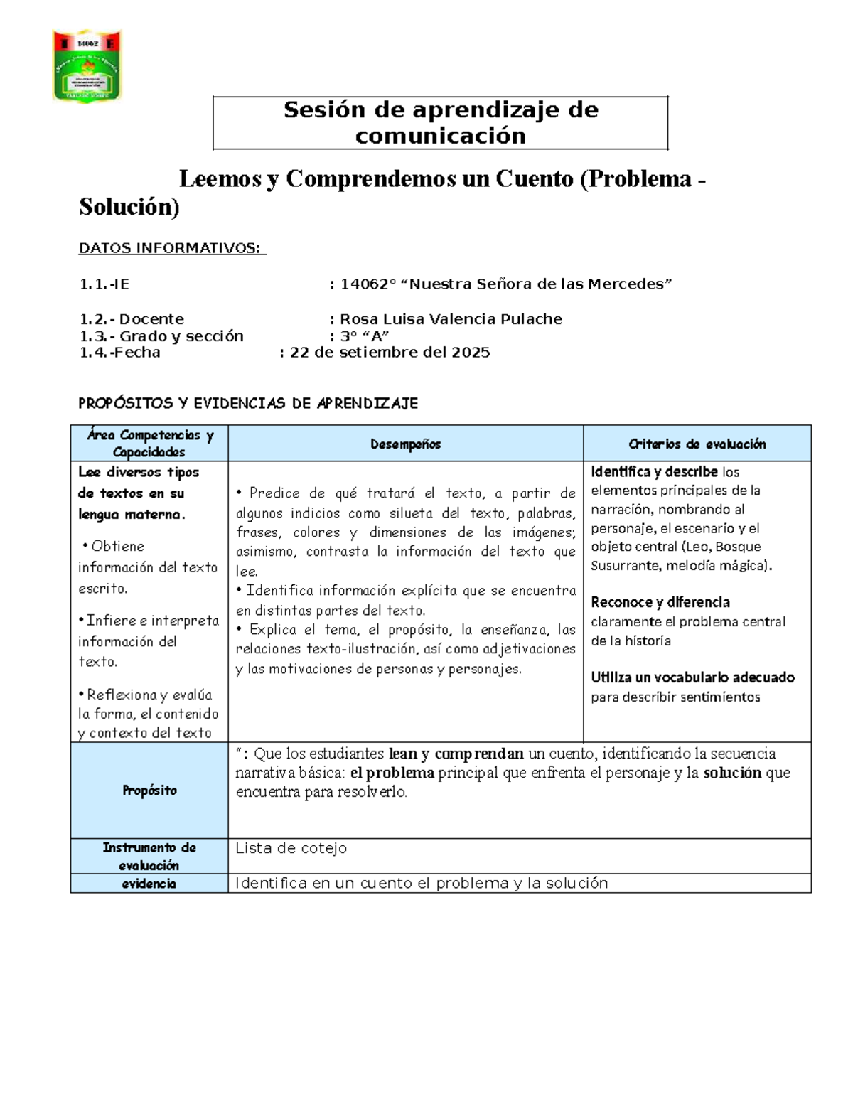Sesión de Aprendizaje: Comprendemos el Cuento "La Melodía Perdida" - 3° Grado - Studocu
