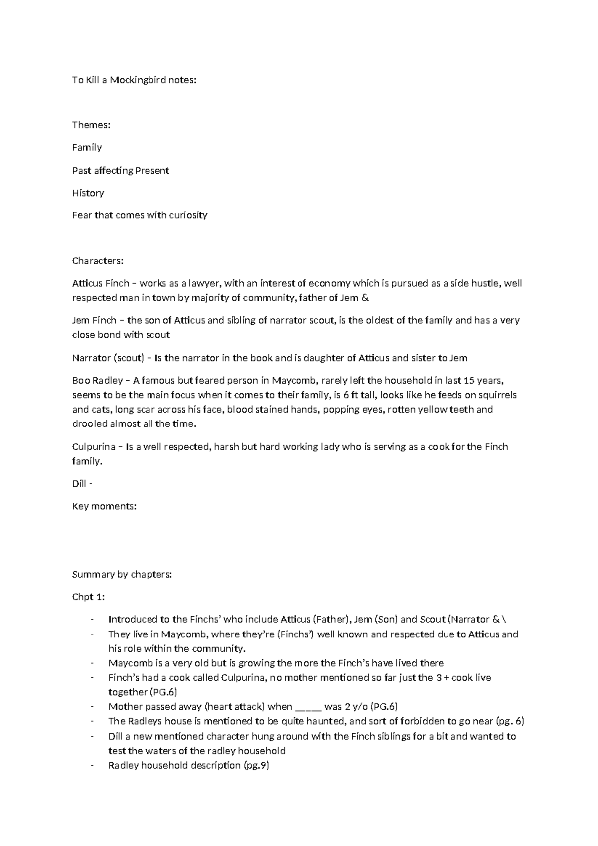 To Kill a Mockingbird Notes: Themes, Characters, and Key Moments - Studocu