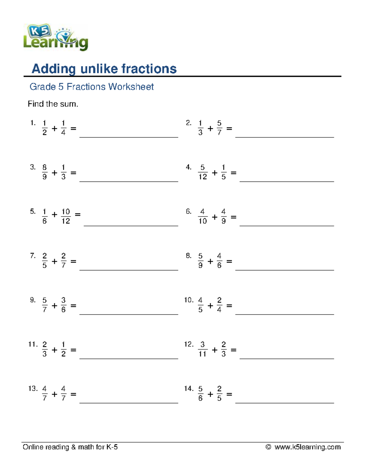 Grade 5 adding unlike fractions c - Online reading & math for K-5 ...
