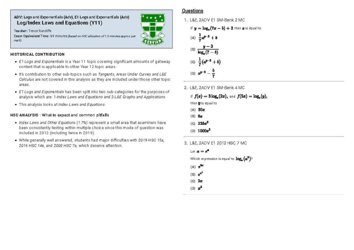 Log Index Laws and Equations (Y11) - Exam Analysis and Solutions - Studocu