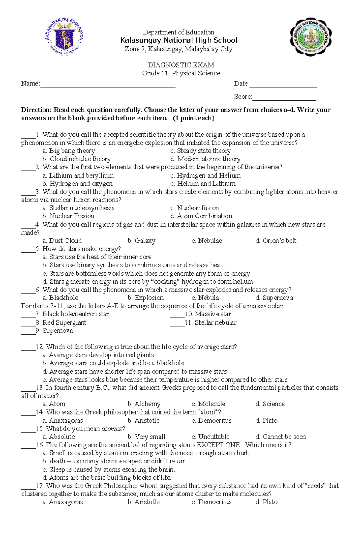 Grade 11 Physical Science Diagnostic Exam: Question Set and Answers ...