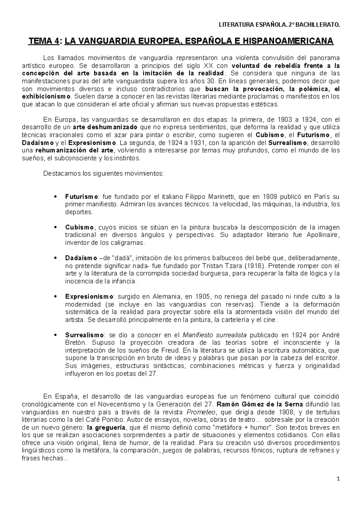 LITERATURA ESPAÑOLA 2º BACHILLERATO: TEMA 4 - LA VANGUARDIA - Studocu