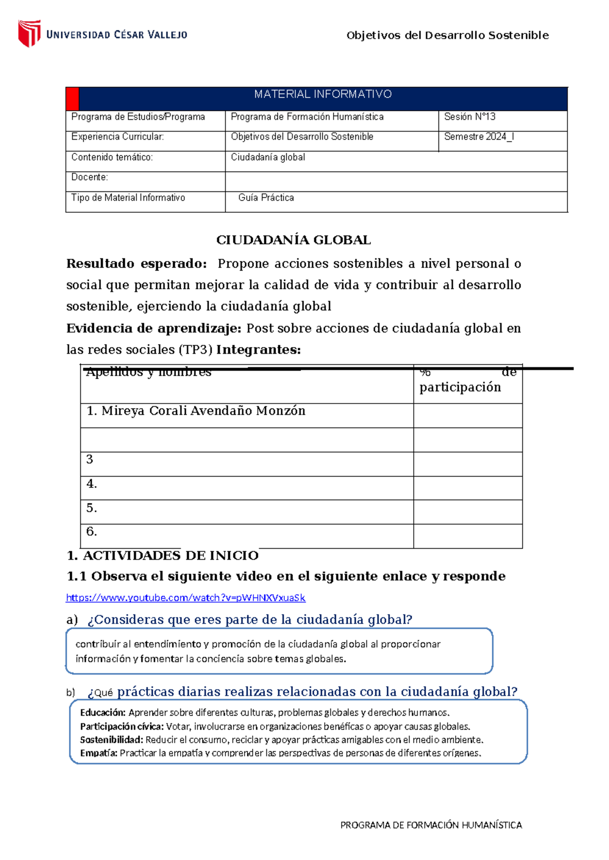 Guía Práctica N° 13: Ciudadanía Global y ODS 2024-1 - Studocu