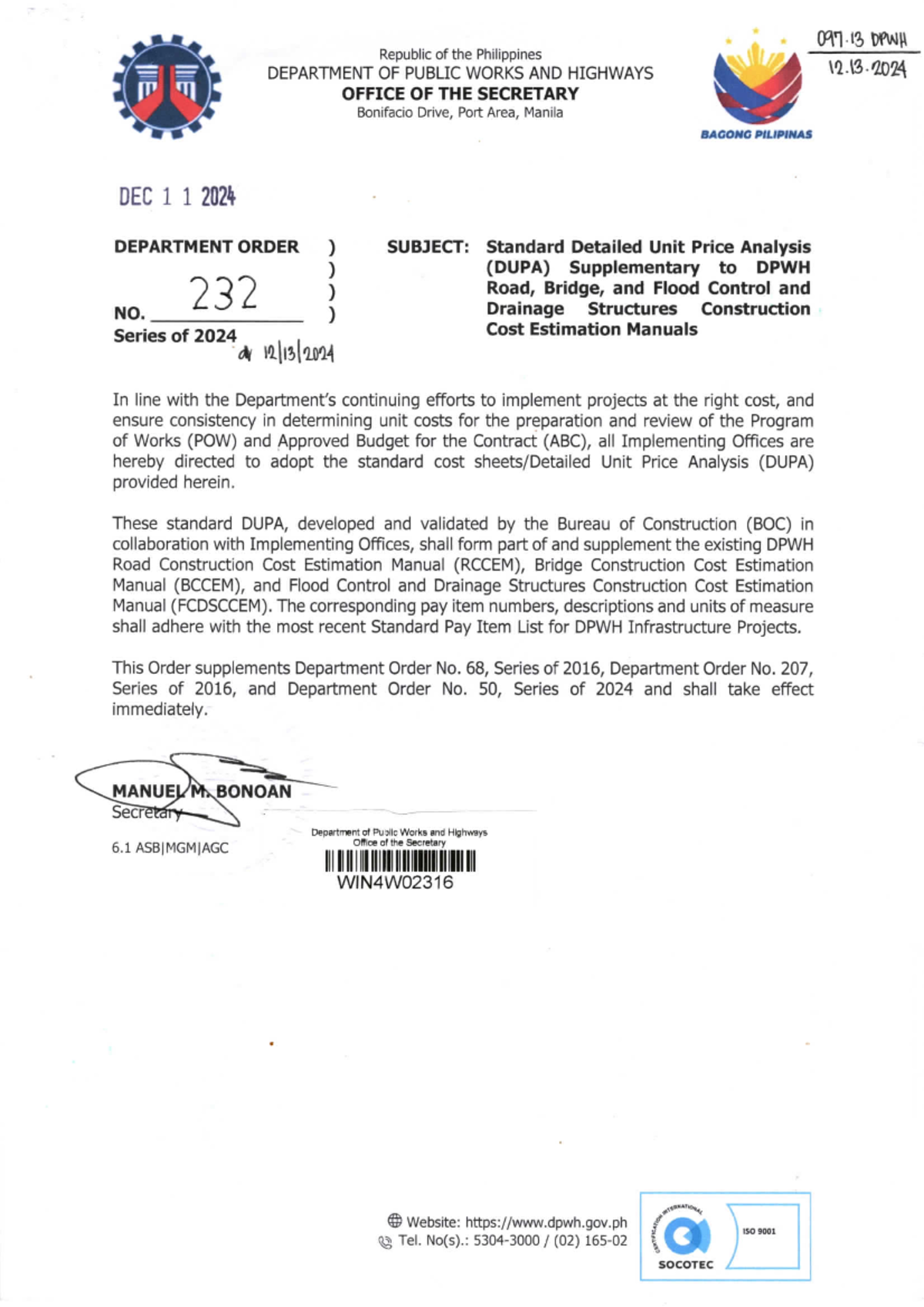 DO 232 s2024 - Standard Detailed Unit Price Analysis (DUPA) for DPWH ...