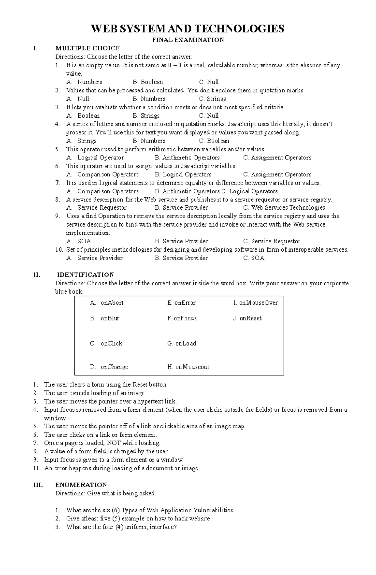 WEB 101: Final Exam on Web Systems & Technologies - Studocu