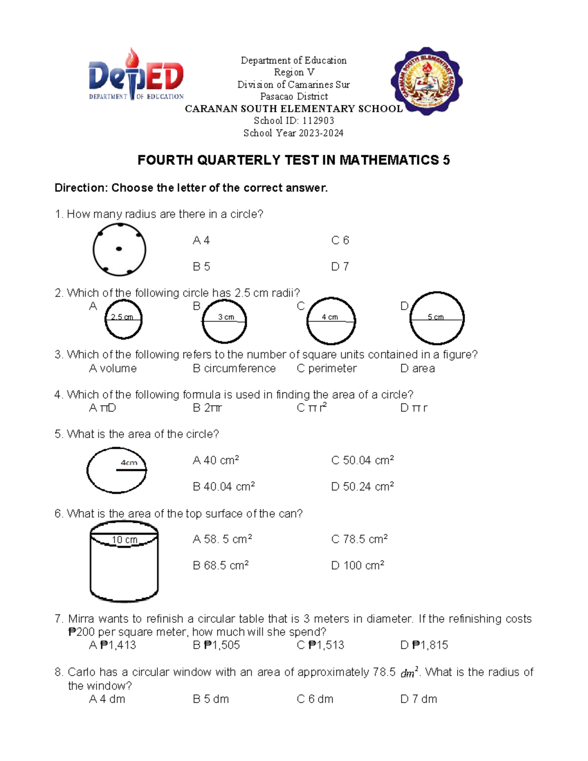 PT Mathematics-5-Q4-V2 - Department of Education Region V Division of Camarines Sur Pasacao ...