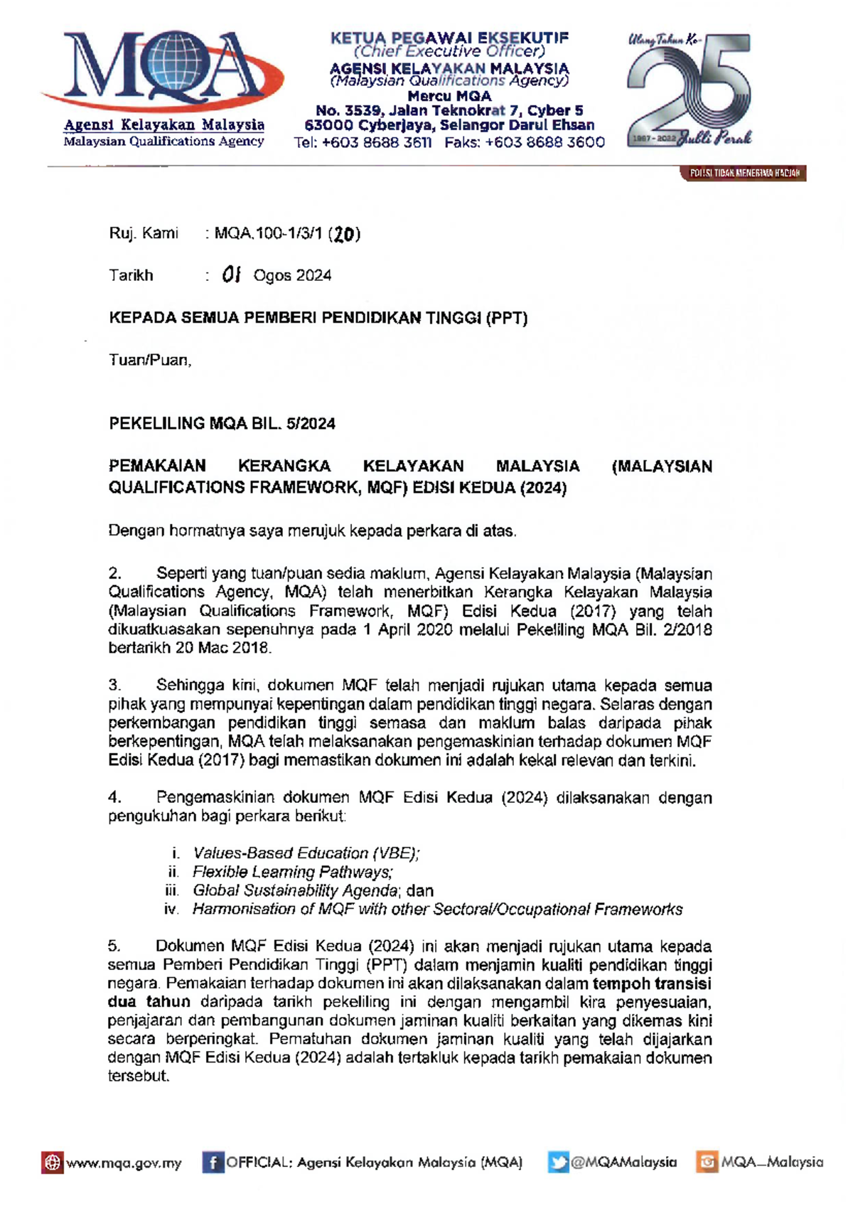 Pekeliling Bil.5 2024: Pemakaian MQF Edisi Kedua 2024 - Studocu