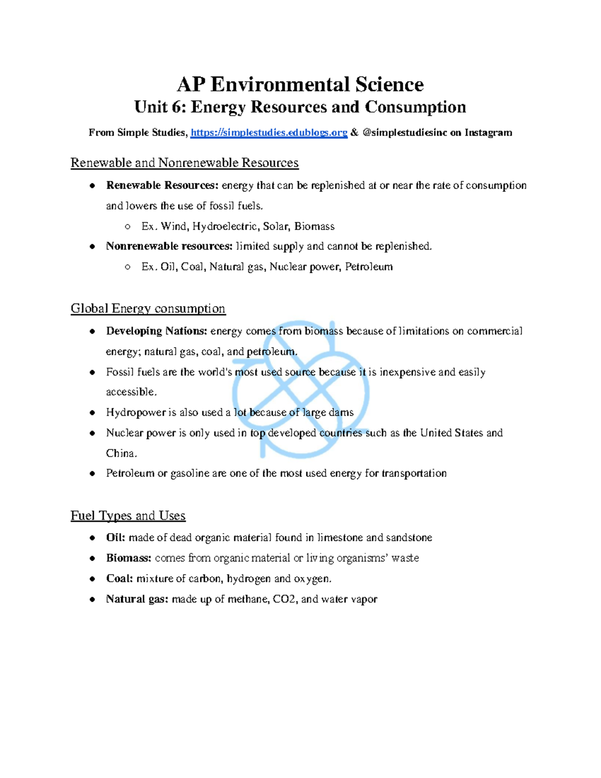 AP Environmental Science Unit 6: Energy Resources & Consumption - Studocu