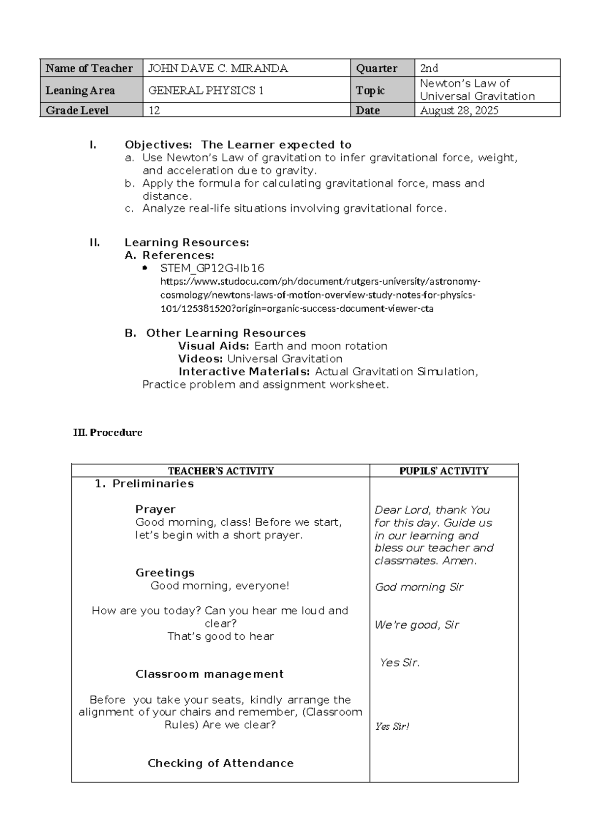 Detailed Lesson Plan: Law of Universal Gravitation (Gen Phys 1) - Studocu