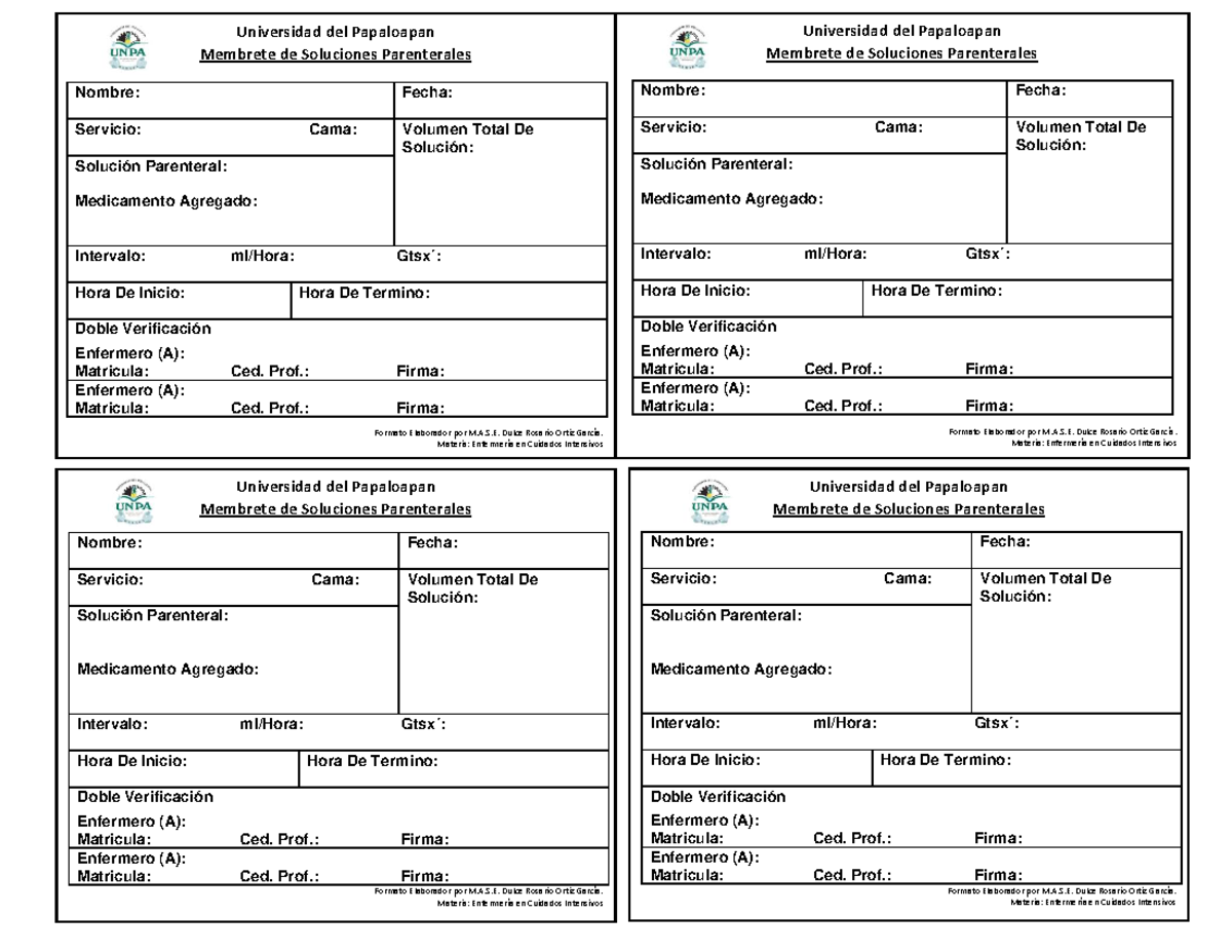Membrete de Soluciones Parenterales - Enfermería en Cuidados Intensivos - Studocu