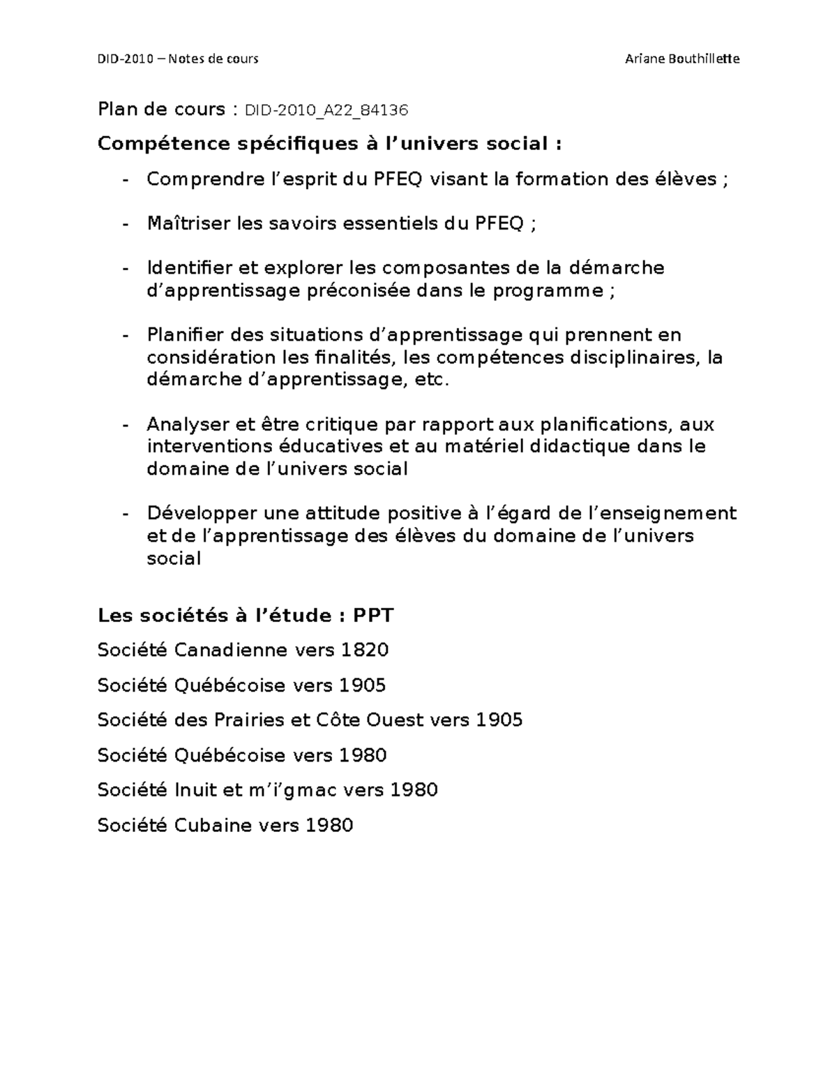 DID-2010 - Notes de Cours sur l'Univers Social et PFEQ - Studocu