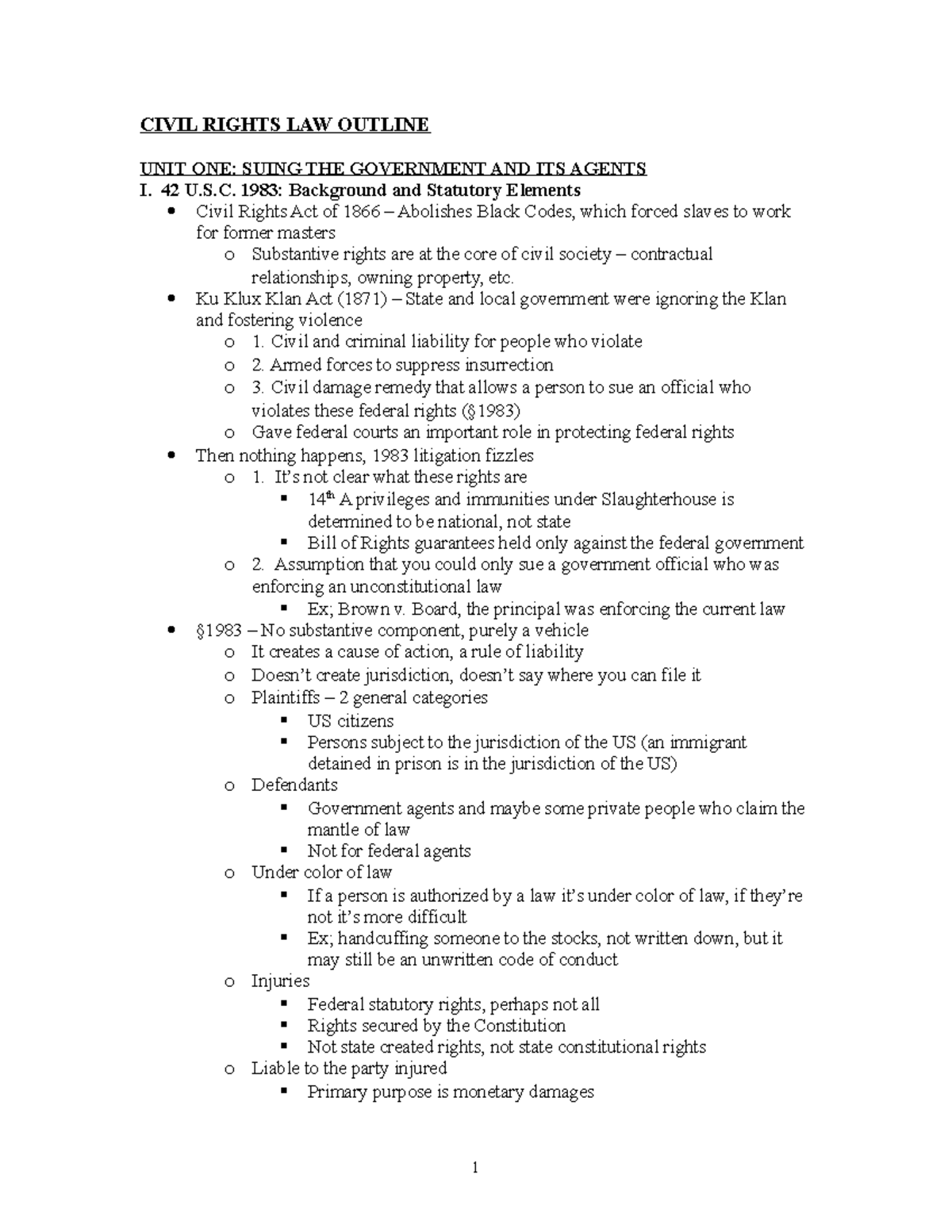 Civil Rights Law 101: Comprehensive Outline of §1983 Provisions - Studocu