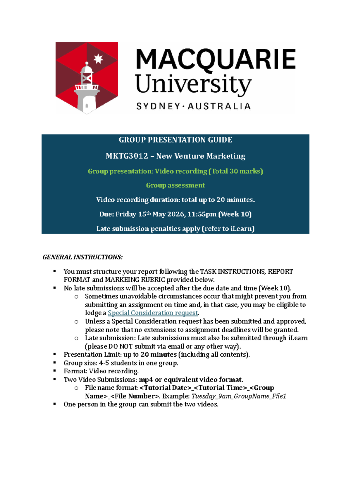 MKTG3012 Group Presentation Guide: New Venture Marketing 2026 - Studocu