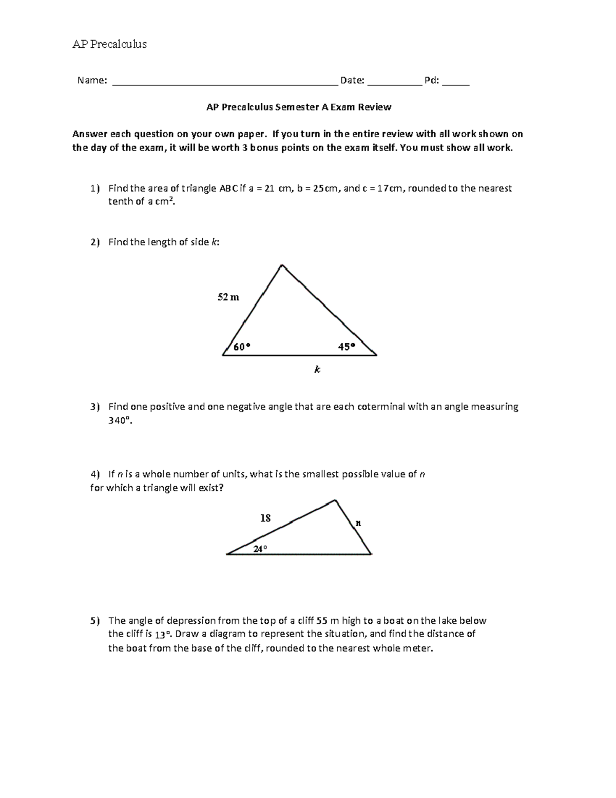 AP Precalculus Semester A Exam Review Guide 2025 - Studocu