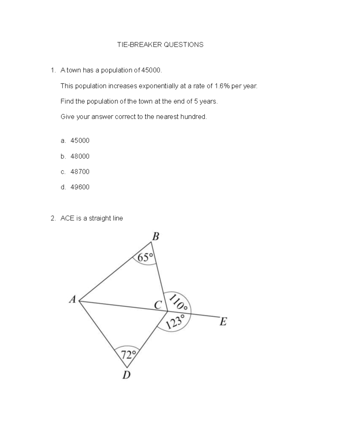 TIE-Breaker Questions for Math Exam: Population Growth & Geometry - Studocu