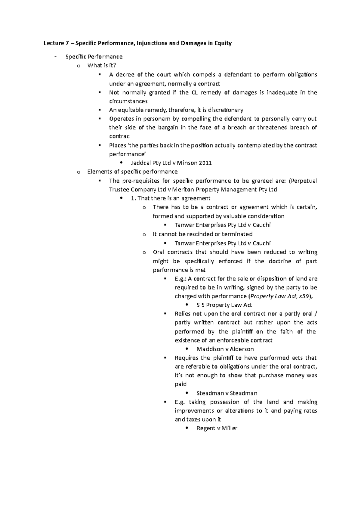 Lecture 7 – Specific Performance, Injunctions & Equitable Damages - Studocu