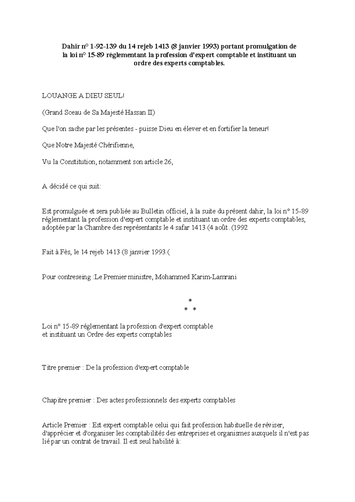 Promulgation de la Loi n° 15-89 Régissant la Profession d'Expert ...