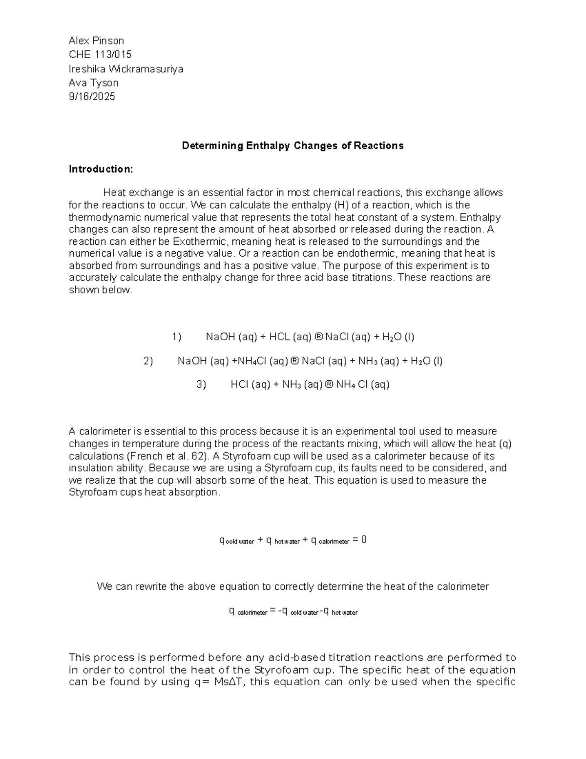 CHE 113 Lab Report: Determining Enthalpy Changes in Reactions - Studocu